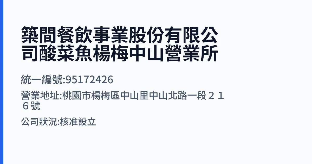 築間餐飲事業股份有限公司酸菜魚楊梅中山營業所 - 統編 95172426(桃園市) 公司登記資料與營業項目詳細圖表
