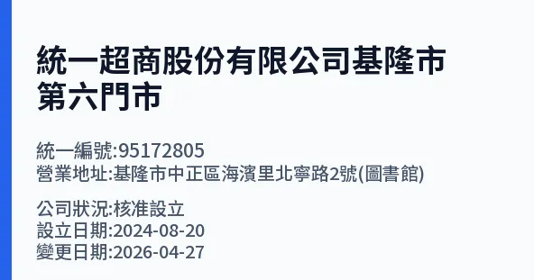 統一超商股份有限公司基隆市第六門市的照片-統編 95172805(基隆市) 公司登記資料與營業項目詳細圖表