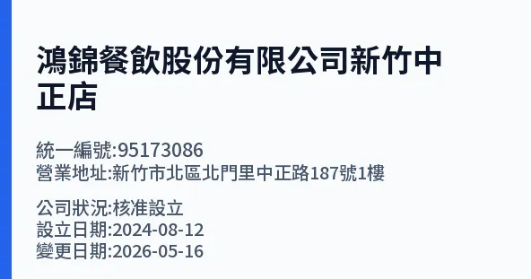 鴻錦餐飲股份有限公司新竹中正店的照片-統編 95173086(新竹市) 公司登記資料與營業項目詳細圖表