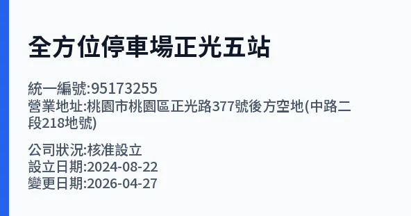 全方位停車場正光五站的照片-統編 95173255(桃園市) 公司登記資料與營業項目詳細圖表