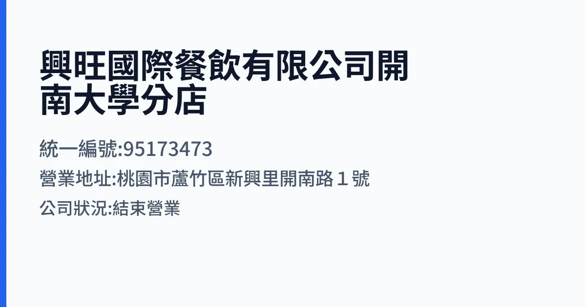 興旺國際餐飲有限公司開南大學分店 - 統編 95173473(桃園市) 公司登記資料與營業項目詳細圖表
