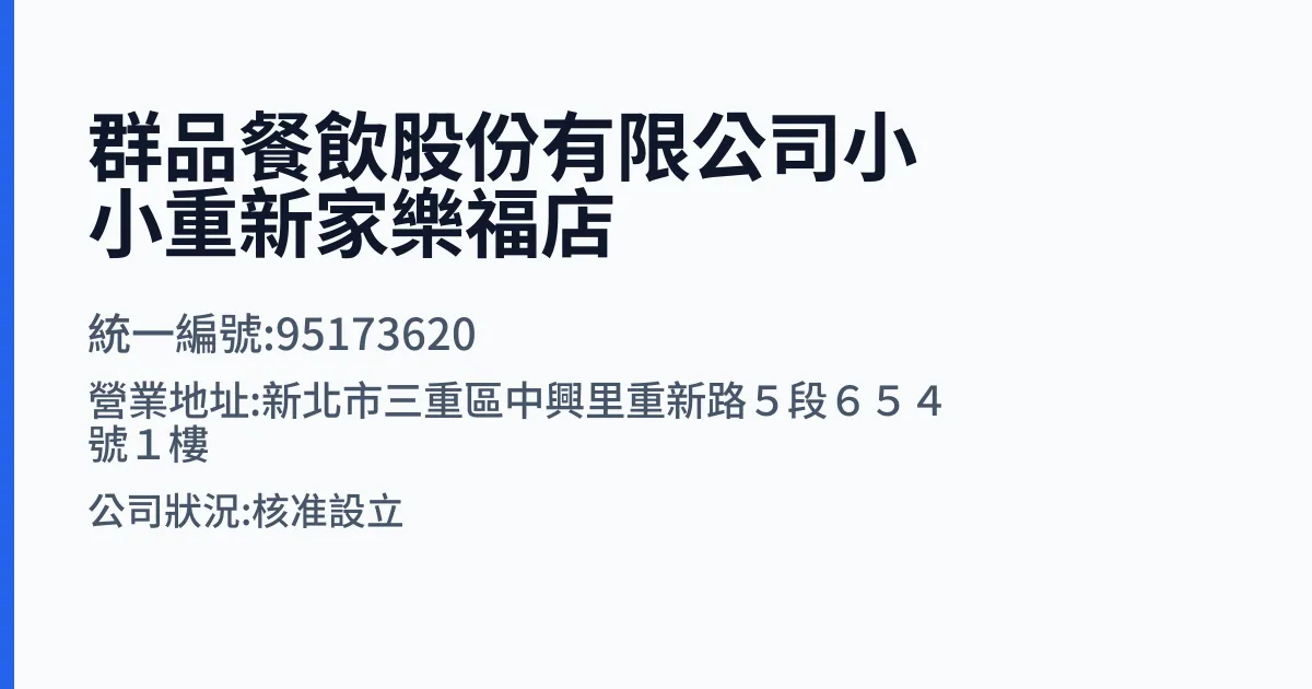 群品餐飲股份有限公司小小重新家樂福店 - 統編 95173620(新北市) 公司登記資料與營業項目詳細圖表
