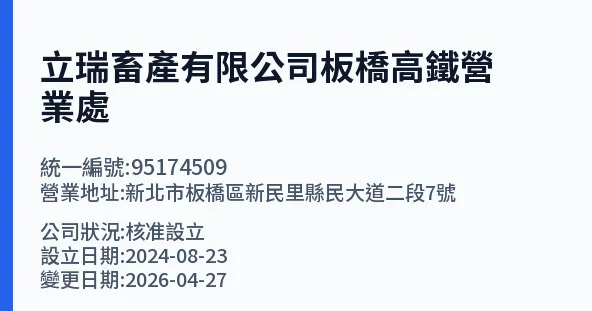 立瑞畜產有限公司板橋高鐵營業處的照片-統編 95174509(新北市) 公司登記資料與營業項目詳細圖表