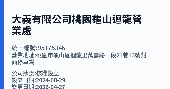 大義有限公司桃園龜山迴龍營業處的照片-統編 95175346(桃園市) 公司登記資料與營業項目詳細圖表