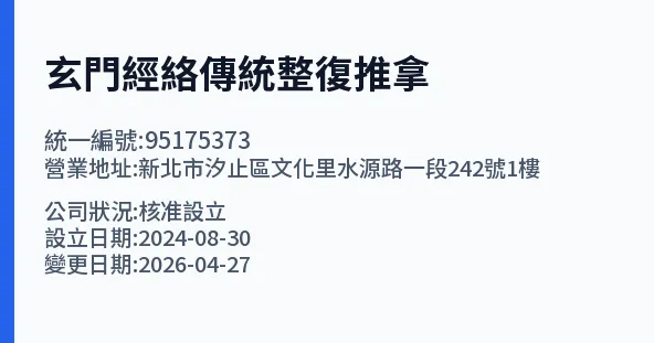 玄門經絡傳統整復推拿的照片-統編 95175373(新北市) 公司登記資料與營業項目詳細圖表