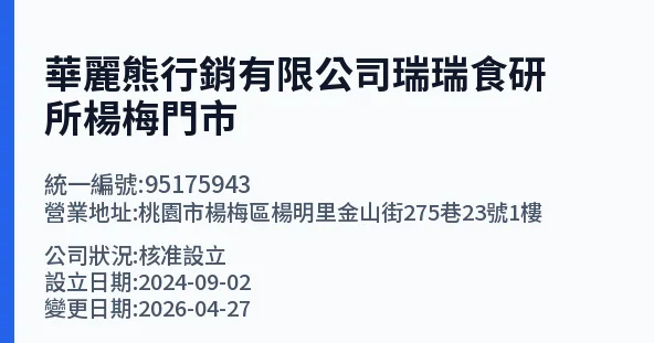 華麗熊行銷有限公司瑞瑞食研所楊梅門市的照片-統編 95175943(桃園市) 公司登記資料與營業項目詳細圖表