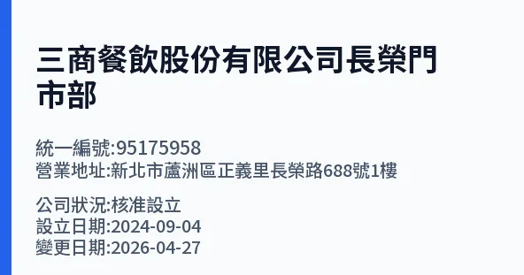 三商餐飲股份有限公司長榮門市部的照片-統編 95175958(新北市) 公司登記資料與營業項目詳細圖表
