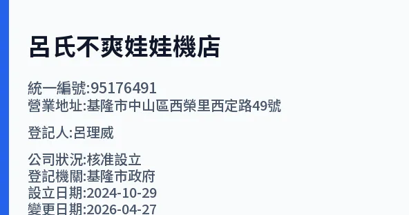 呂氏不爽娃娃機店的照片-統編 95176491(基隆市) 公司登記資料與營業項目詳細圖表