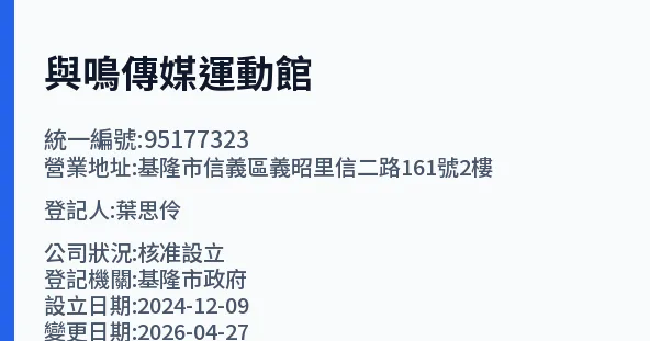 與鳴傳媒運動館的照片-統編 95177323(基隆市) 公司登記資料與營業項目詳細圖表