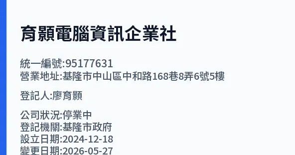 育顥電腦資訊企業社的照片-統編 95177631(基隆市) 公司登記資料與營業項目詳細圖表