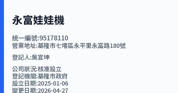永富娃娃機的照片-統編 95178110(基隆市) 公司登記資料與營業項目詳細圖表