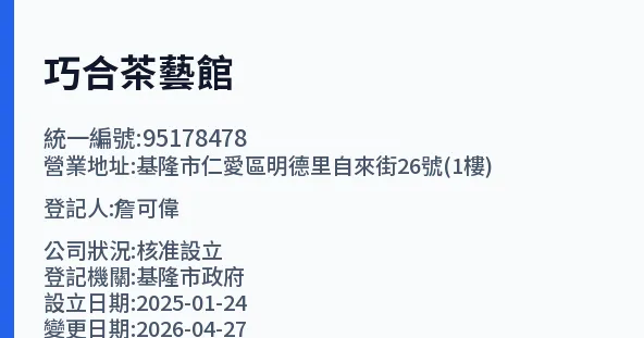 巧合茶藝館的照片-統編 95178478(基隆市) 公司登記資料與營業項目詳細圖表