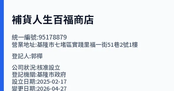 補貨人生百福商店的照片-統編 95178879(基隆市) 公司登記資料與營業項目詳細圖表