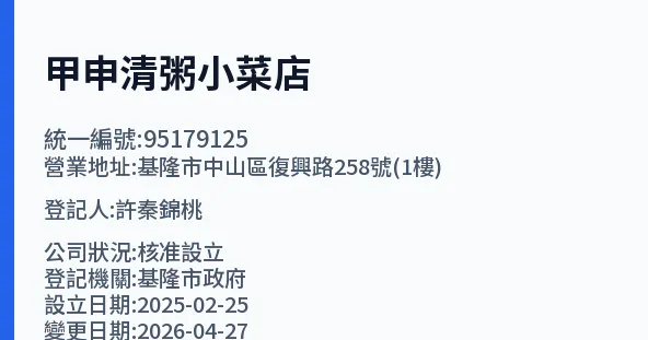 甲申清粥小菜店的照片-統編 95179125(基隆市) 公司登記資料與營業項目詳細圖表