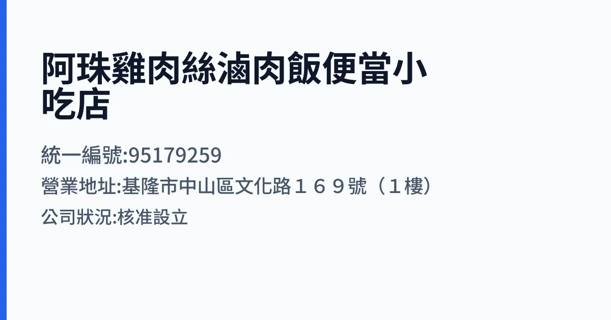 阿珠雞肉絲滷肉飯便當小吃店 - 統編 95179259(基隆市) 公司登記資料與營業項目詳細圖表