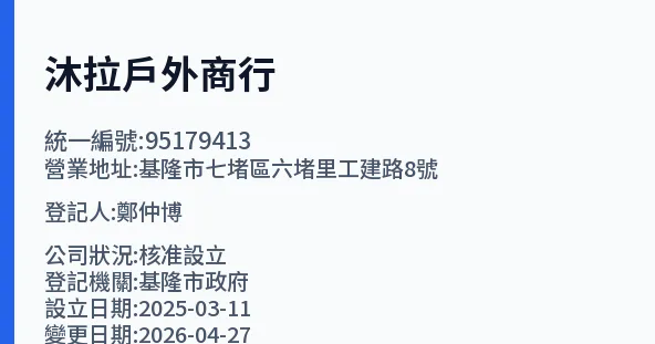 沐拉戶外商行的照片-統編 95179413(基隆市) 公司登記資料與營業項目詳細圖表