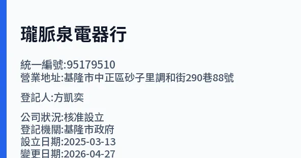 瓏脈泉電器行的照片-統編 95179510(基隆市) 公司登記資料與營業項目詳細圖表