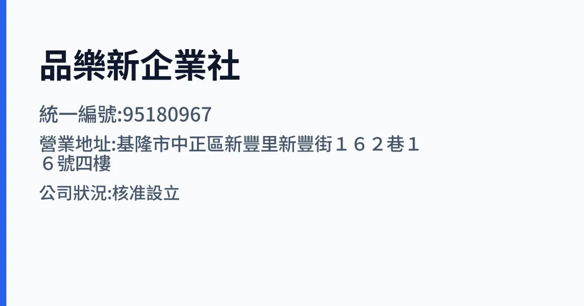 品樂新企業社 - 統編 95180967(基隆市) 公司登記資料與營業項目詳細圖表