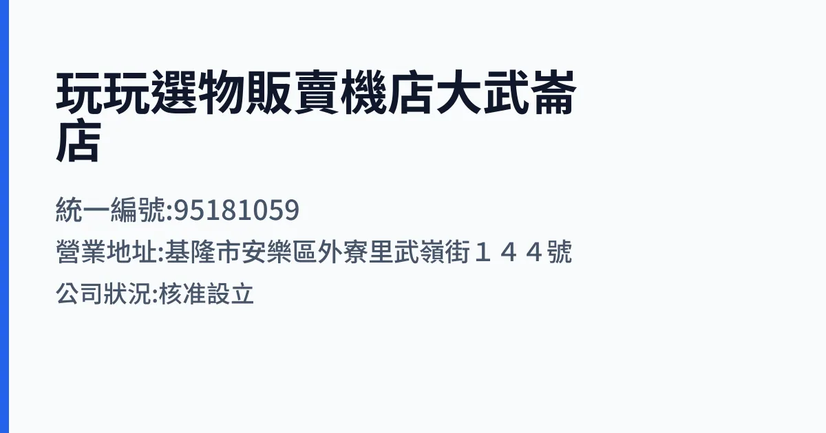 玩玩選物販賣機店大武崙店 - 統編 95181059(基隆市) 公司登記資料與營業項目詳細圖表