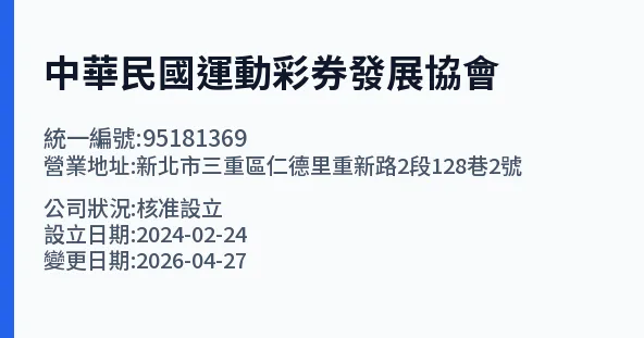 中華民國運動彩券發展協會的照片-統編 95181369(新北市) 公司登記資料與營業項目詳細圖表