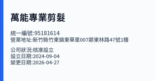 萬能專業剪髮的照片-統編 95181614(新竹縣) 公司登記資料與營業項目詳細圖表