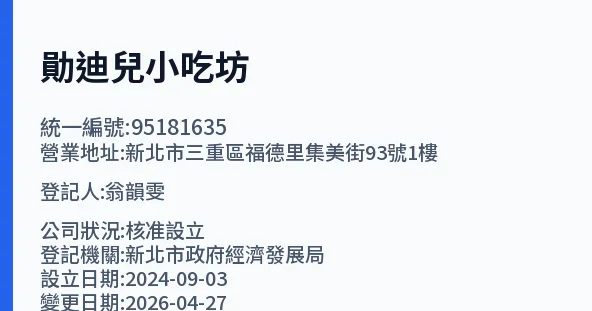 勛迪兒小吃坊的照片-統編 95181635(新北市) 公司登記資料與營業項目詳細圖表
