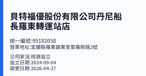 貝特福優股份有限公司丹尼船長羅東轉運站店的照片-統編 95182058(宜蘭縣) 公司登記資料與營業項目詳細圖表