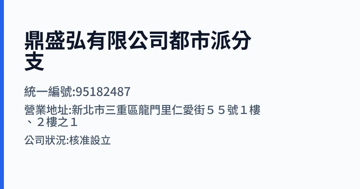 鼎盛弘有限公司都市派分支 - 統編 95182487(新北市) 公司登記資料與營業項目詳細圖表