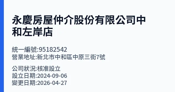 永慶房屋仲介股份有限公司中和左岸店的照片-統編 95182542(新北市) 公司登記資料與營業項目詳細圖表