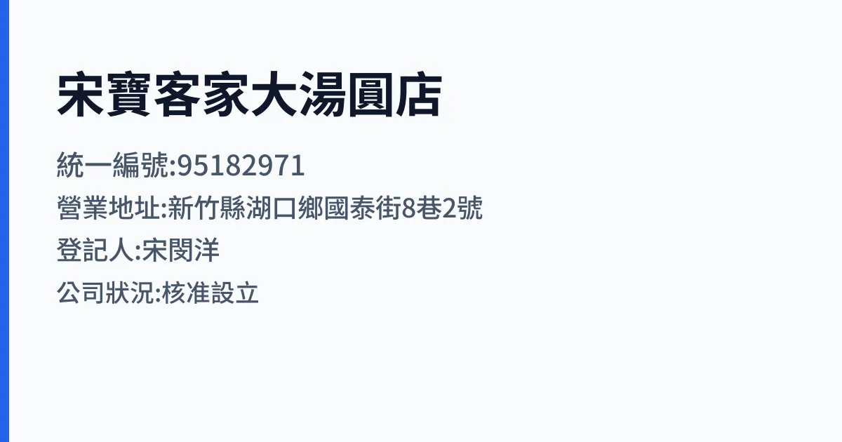 宋寶客家大湯圓店 - 統編 95182971（新竹縣） 公司登記資料與營業項目詳細圖表