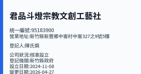 君品斗燈宗教文創工藝社的照片-統編 95183900(新竹縣) 公司登記資料與營業項目詳細圖表