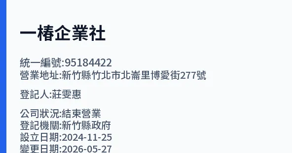 一椿企業社的照片-統編 95184422(新竹縣) 公司登記資料與營業項目詳細圖表