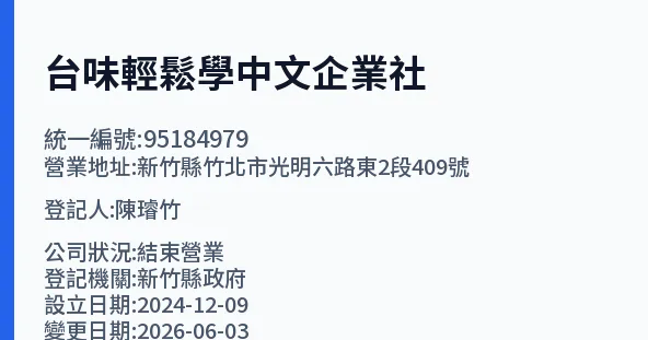 台味輕鬆學中文企業社的照片-統編 95184979(新竹縣) 公司登記資料與營業項目詳細圖表