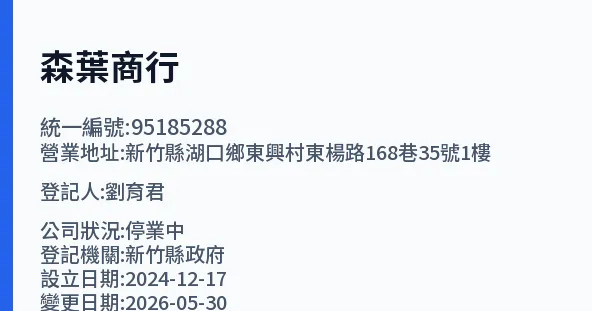 森葉商行的照片-統編 95185288(新竹縣) 公司登記資料與營業項目詳細圖表