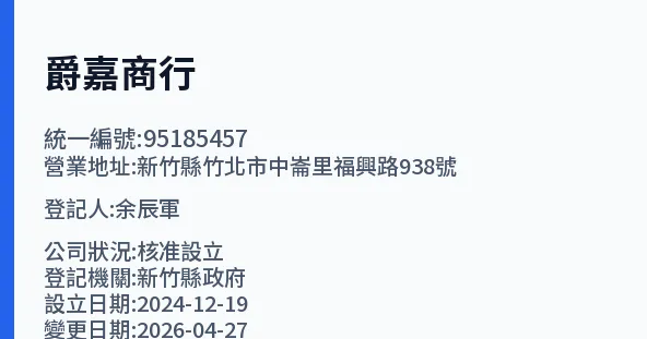 爵嘉商行的照片-統編 95185457(新竹縣) 公司登記資料與營業項目詳細圖表