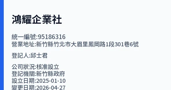 鴻耀企業社的照片-統編 95186316(新竹縣) 公司登記資料與營業項目詳細圖表