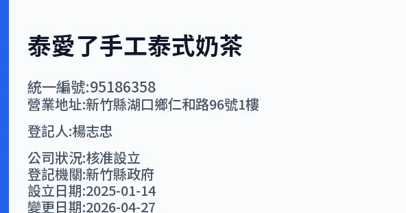泰愛了手工泰式奶茶的照片-統編 95186358(新竹縣) 公司登記資料與營業項目詳細圖表