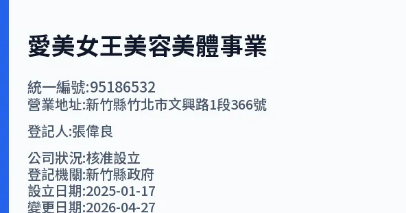 愛美女王美容美體事業的照片-統編 95186532(新竹縣) 公司登記資料與營業項目詳細圖表