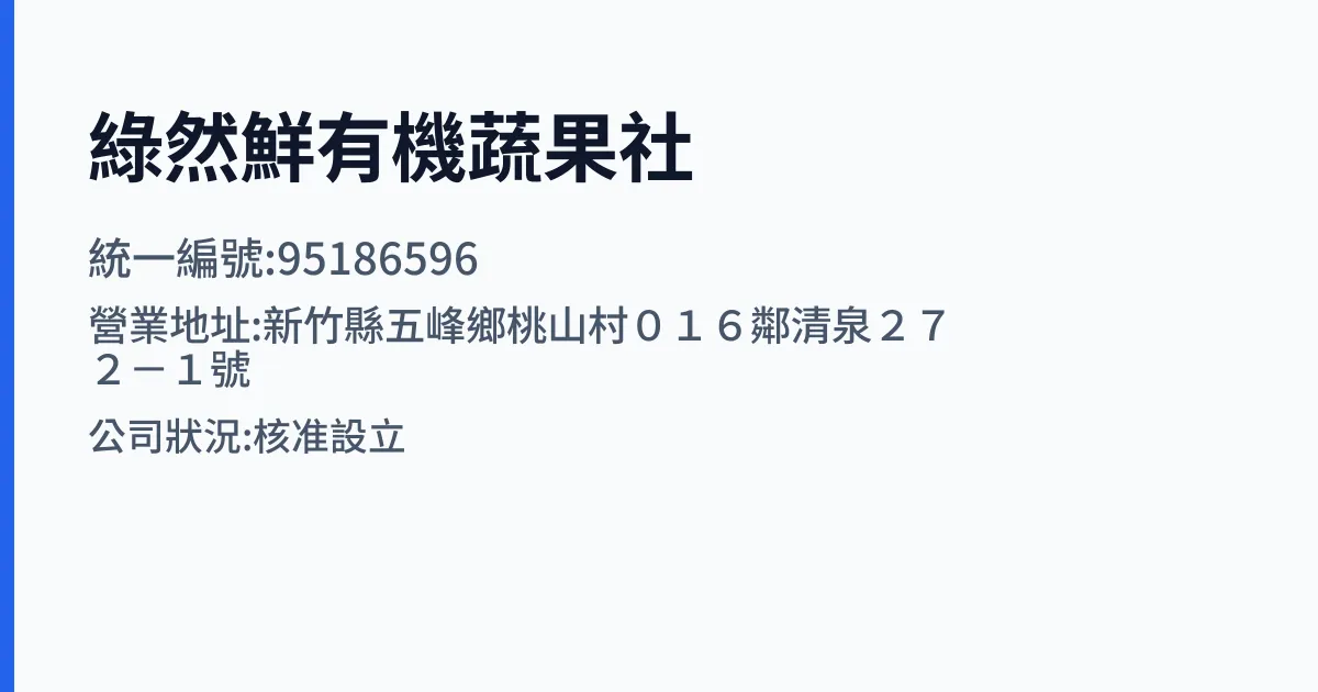 綠然鮮有機蔬果社 - 統編 95186596（新竹縣） 公司登記資料與營業項目詳細圖表