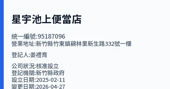 星宇池上便當店的照片-統編 95187096(新竹縣) 公司登記資料與營業項目詳細圖表