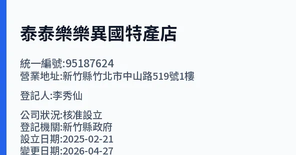 泰泰樂樂異國特產店的照片-統編 95187624(新竹縣) 公司登記資料與營業項目詳細圖表