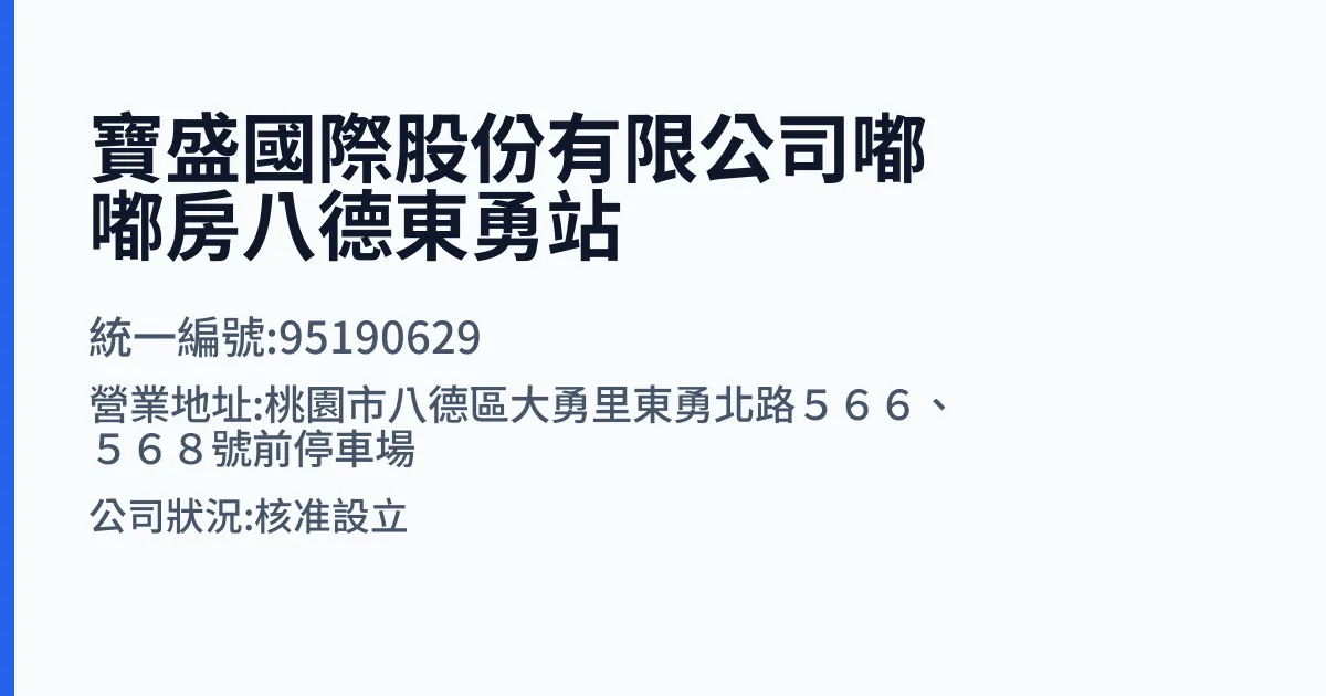 寶盛國際股份有限公司嘟嘟房八德東勇站 - 統編 95190629（桃園市） 公司登記資料與營業項目詳細圖表