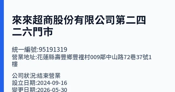 來來超商股份有限公司第二四二六門市的照片-統編 95191319(花蓮縣) 公司登記資料與營業項目詳細圖表