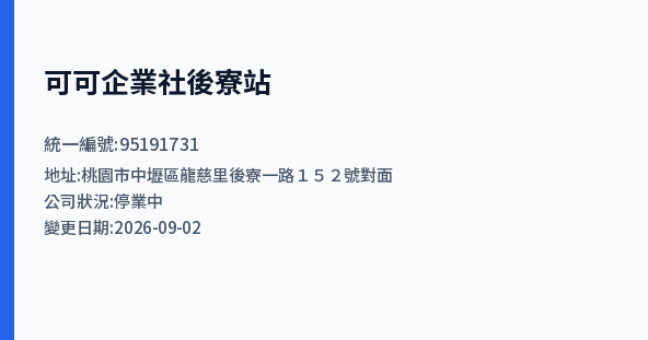 可可企業社後寮站的照片-統編 95191731(桃園市) 公司登記資料與營業項目詳細圖表