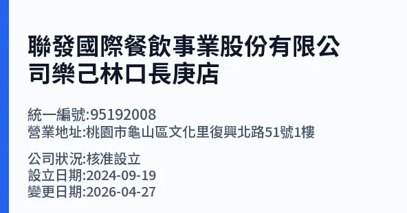 聯發國際餐飲事業股份有限公司樂己林口長庚店的照片-統編 95192008(桃園市) 公司登記資料與營業項目詳細圖表