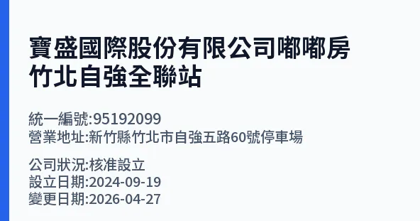 寶盛國際股份有限公司嘟嘟房竹北自強全聯站的照片-統編 95192099(新竹縣) 公司登記資料與營業項目詳細圖表