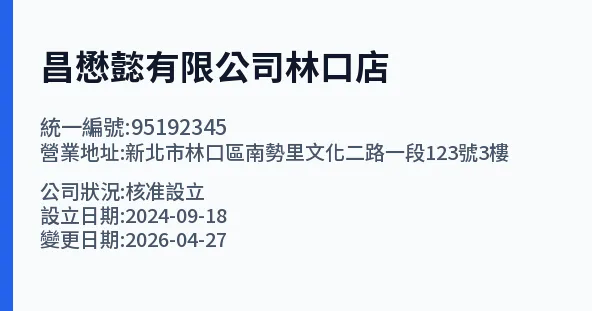 昌懋懿有限公司林口店的照片-統編 95192345(新北市) 公司登記資料與營業項目詳細圖表