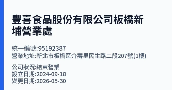 豐喜食品股份有限公司板橋新埔營業處的照片-統編 95192387(新北市) 公司登記資料與營業項目詳細圖表