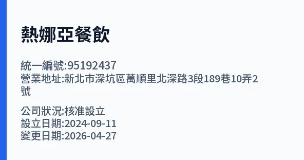 熱娜亞餐飲的照片-統編 95192437(新北市) 公司登記資料與營業項目詳細圖表