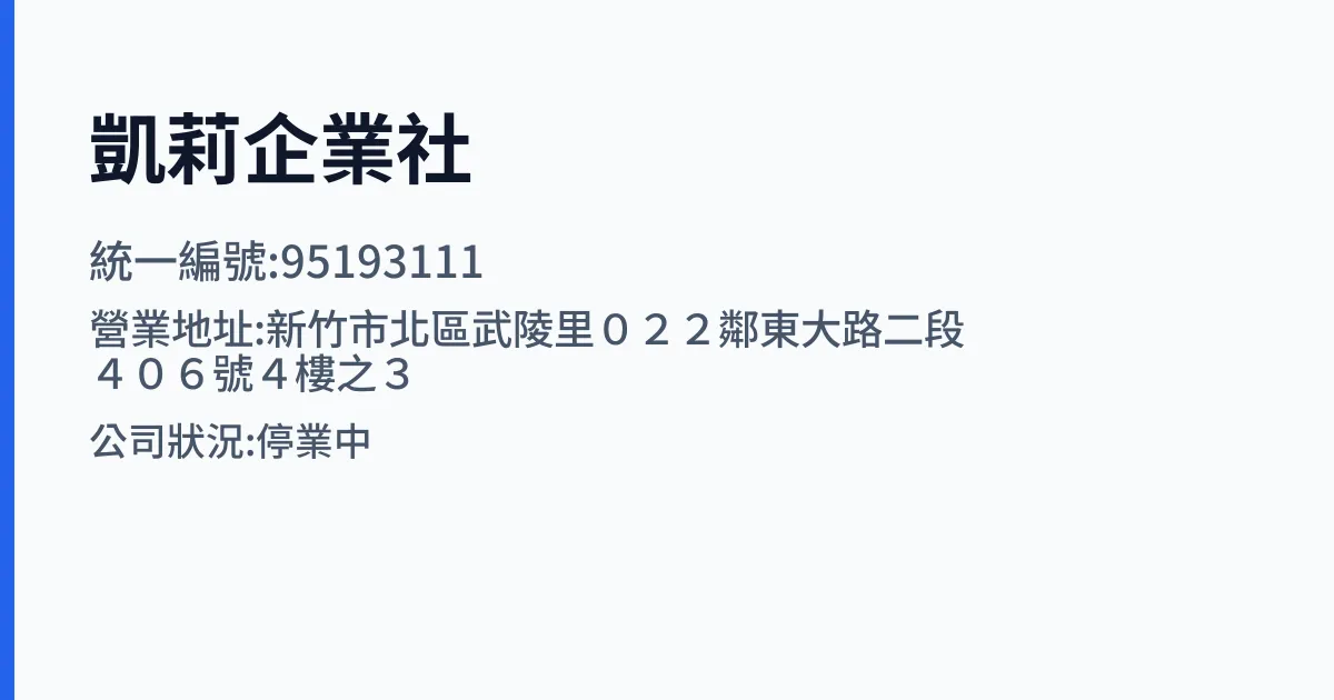 凱莉企業社 - 統編 95193111(新竹市) 公司登記資料與營業項目詳細圖表
